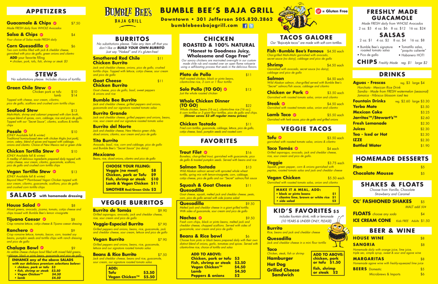 Bumble Menu Front 2019 | Bumble Bee's Baja Grill Downtown